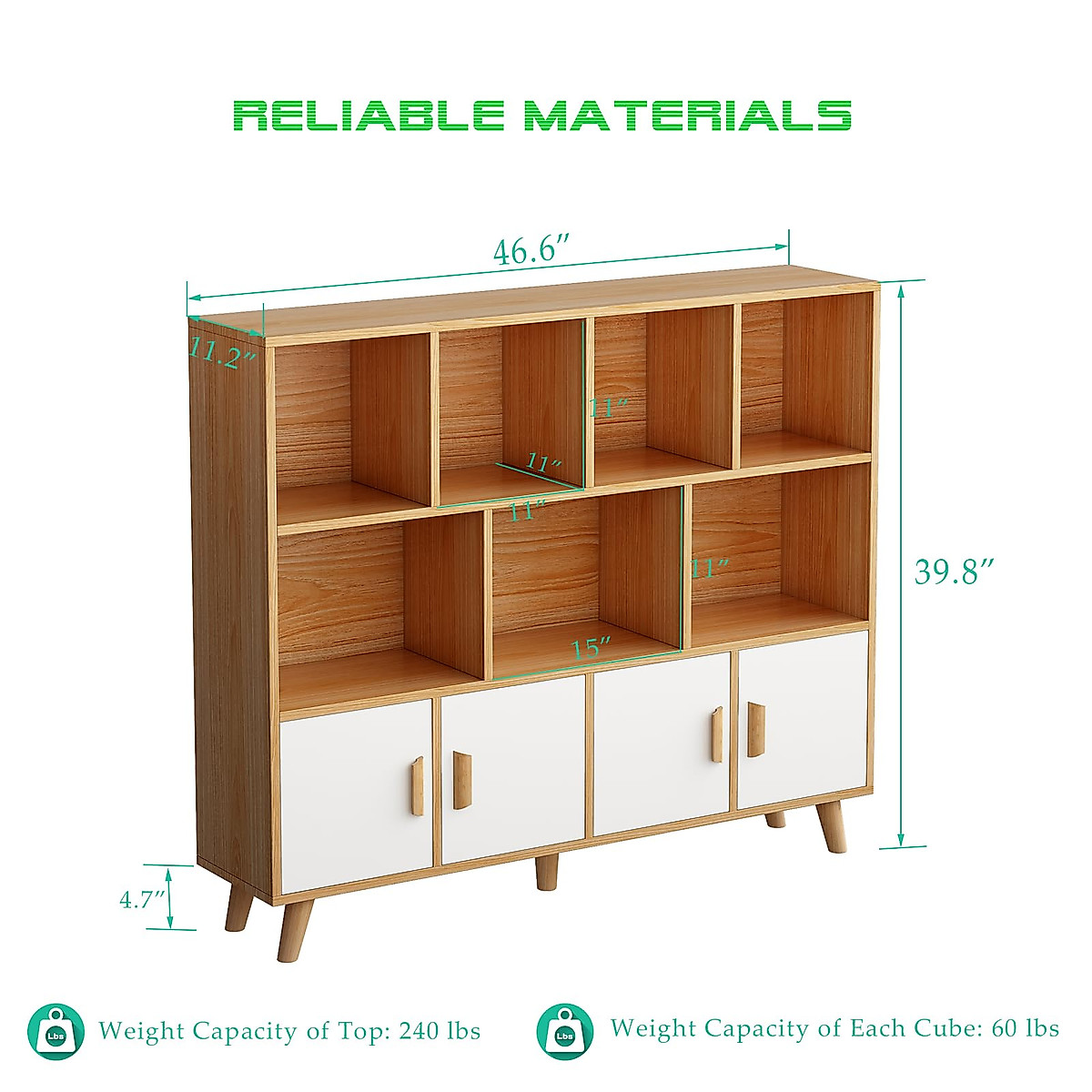 OSCHF Cubby Shelf Bookcase with Doors - Wooden 11 Cube Floor Standing Open Bookshelf with Solid Wood Legs, 3-Tier Storage Cabinet, Oak and Warm White