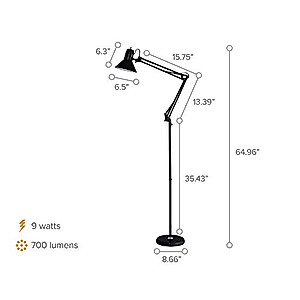 Bostitch Office VLF100F Swing Arm Metal Floor Lamp, 72" Tall with Multi-Joint Adjustment, Includes Replaceable LED Bulb (VLF), Black