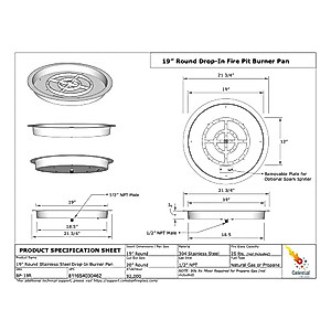 Celestial 19" Round Drop-in Fire Pit Pan w/ 12" Burner, Stainless Steel, 92,000 BTU, Natural Gas or Propane, for Easy Installation in DIY Outdoor Gas Fire Pits