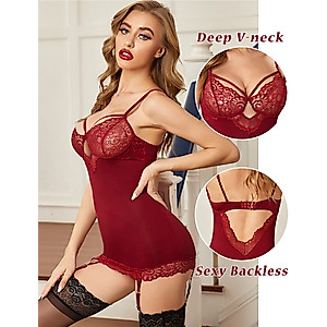 Avidlove Women Lingerie Teddy Bodysuit with Garter Belt Lace Babydoll Full Slips No Stockings (Dark Red, XXX-Large)