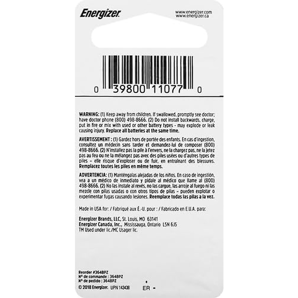 Energizer 364BPZ Zero Mercury Battery - 1 Pack