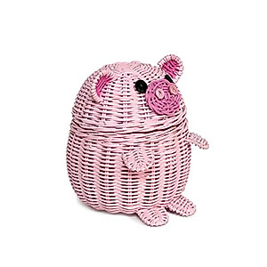 G6 COLLECTION Pig Rattan Storage Basket with Lid Decorative Bin Home Decor Hand Woven Shelf Organizer Cute Handmade Handcrafted Gift Art Decoration Artwork Wicker Pink Piggy (Small)