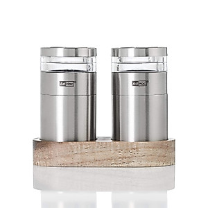 Adhoc Menage Molto Pepper and Salt Mills - Adjustable Salt & Pepper Grinders with a Wooden Carrying Tray - Refillable Spice Tools - Hand Wash Kitchen Tool - Stainless Steel, 5"