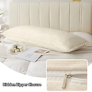 LIFEREVO Pom Poms Velvet Bed Body Pillow Cover, Long Soft Fuzzy Body Pillow Pillowcase 20x54, Cute Fringe Microfiber Body Pillow Case with Zipper, Luxury Decorative Plush Body Pillow Protector, Beige