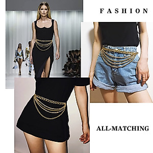 Glamorstar Multilayer Chain Belts for Women Rhinestone Waist Belt Punk Gorgeous Chain for Ladies Dresses Gold 130CM