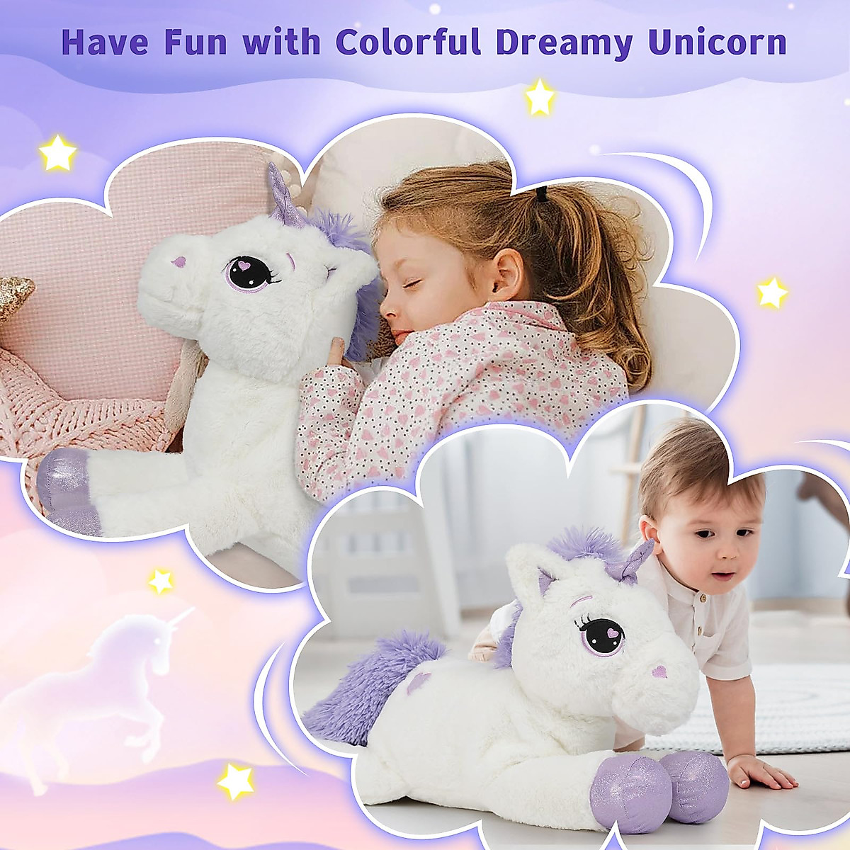 DOLDOA 23.5 inch Cute White Giant Stuffed Unicorn Pillow Plush Animals Unicorn Toy Gift for Girls Kids