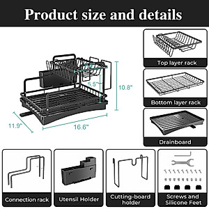 Famhap Dish Drying Rack, Large 2 Tier Dish Racks for Kitchen Counter, Durable Stainless Steel Kitchen Drying Rack with a Cutlery Holder, Drying Rack for Dishes, Knives, Spoons, and Forks