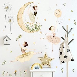 2 Sheets Ballet Girls Wall Stickers 3D Moon and Flower Wall Decals DIY Removable Dandelions Wall Sticker for Kids Baby Girls Bedroom Nursery Living Room TV Background Kids Rooms Home Wall Decoration