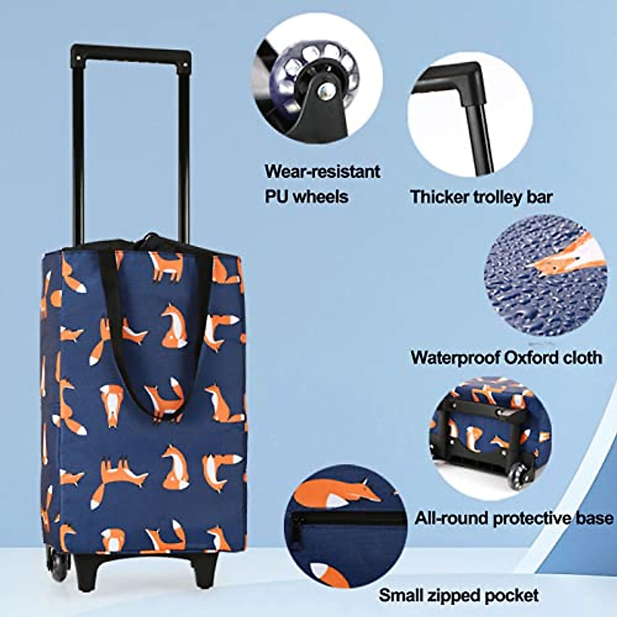 LÜZHONG Shopping Bag On Wheels | Trolley Bag with Pattern | 23L Portable Capacity, Elegant and Foldable Shopping Cart for Groceries|2 Wheel| Thermal Liner