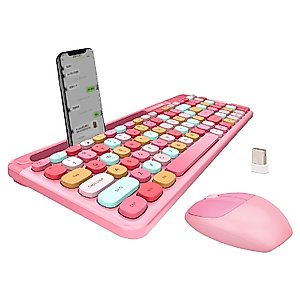 Wireless Keyboard and Mouse Combo - 2.4GHz Full-Sized - Computer Keyboard with Phone Holder - Keyboard and Mouse Set for Windows/Laptop/PC/Notebook - Cute Pink Colorful