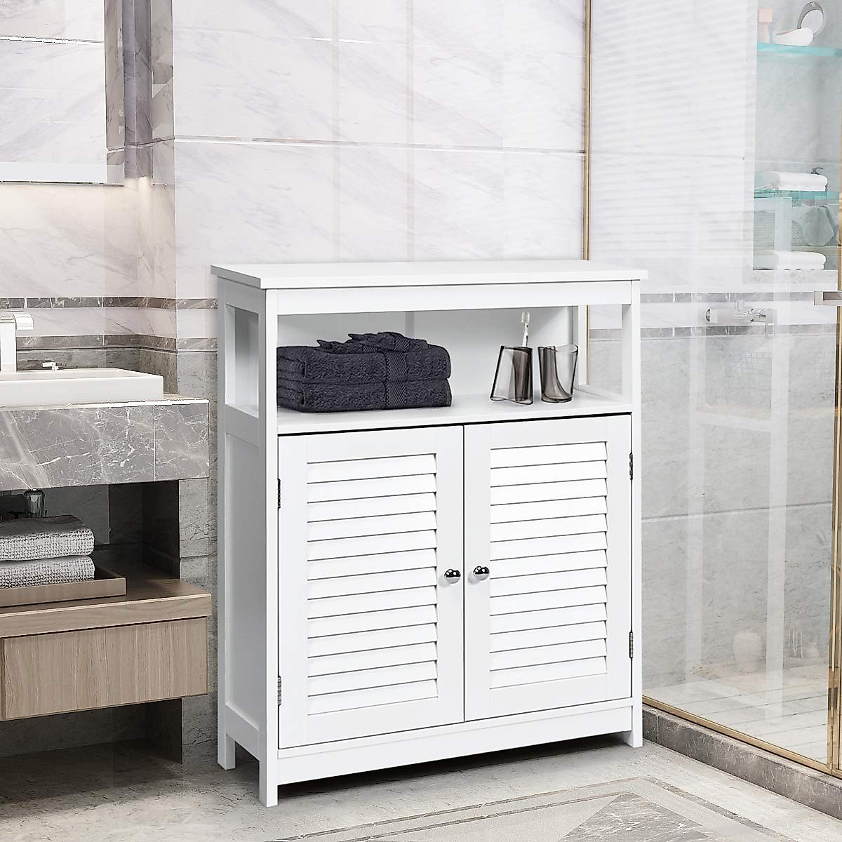 Tangkula Bathroom Floor Cabinet, Wooden Freestanding Storage Cabinet with Double Shutter Door & Adjustable Shelf, Storage Cabinet for Bathroom Living Room (White)