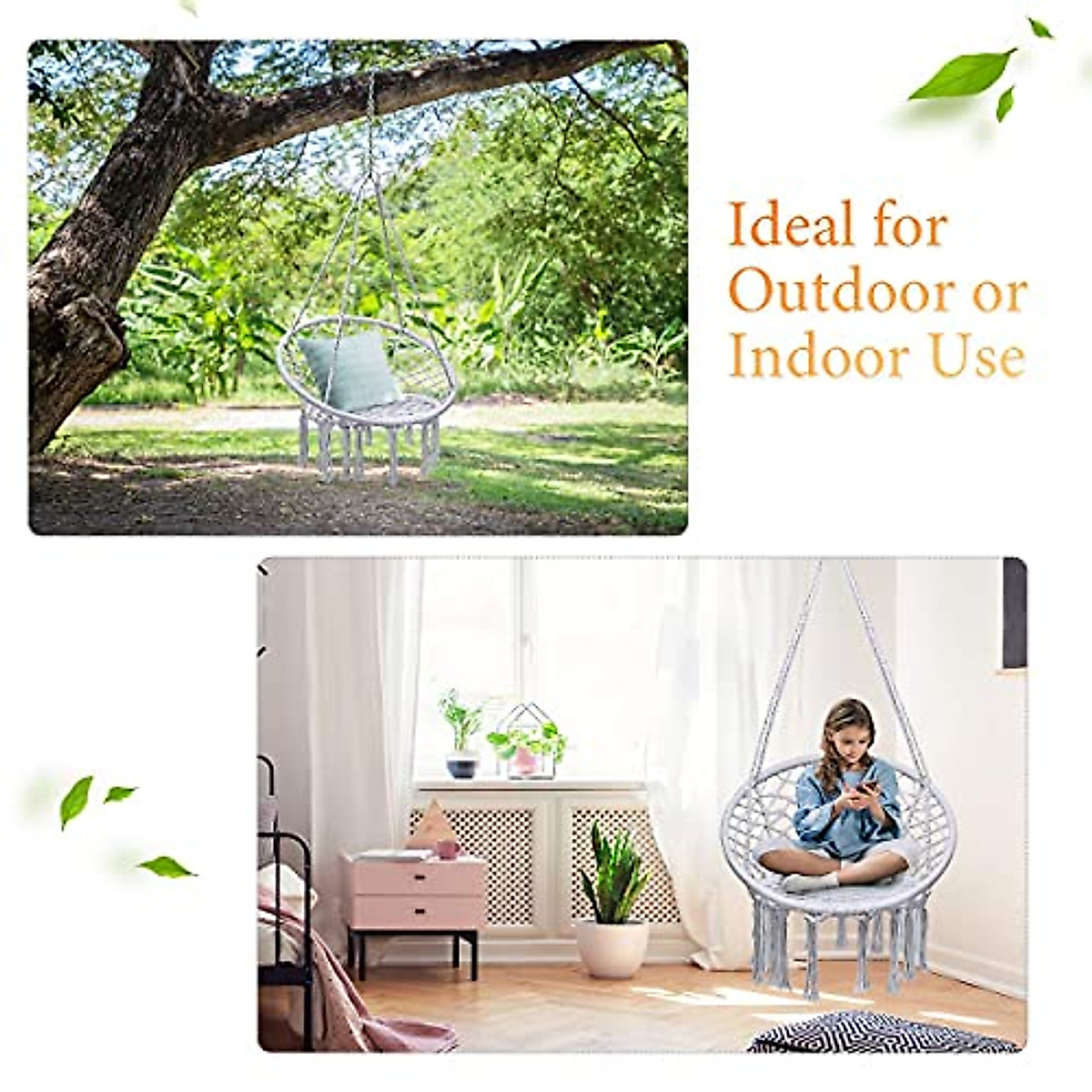 Giantex Hanging Hammock Chair, Macrame Hanging Chair 330 Pounds Capacity, Cotton Rope Handwoven Tassels Porch Swing Chair for Bedroom, Living Room, Yard, Garden, Balcony, Indoor/Outdoor(Grey)