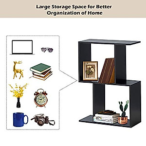 Giantex 2-Tier Bookshelf S Shaped Bookcase Set of 2, Free Standing Industrial Storage Rack, Suit for Living Room Bedroom Office, Modern Small Bookcase, Black
