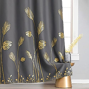 Estelar Textiler Blackout Curtains & Drapes 84 Inches Length 2 Panels Set for Living Room with Gold Palm Leaf Drapes for Bedroom, 52Wx84L, Dark Grey, 1Pair