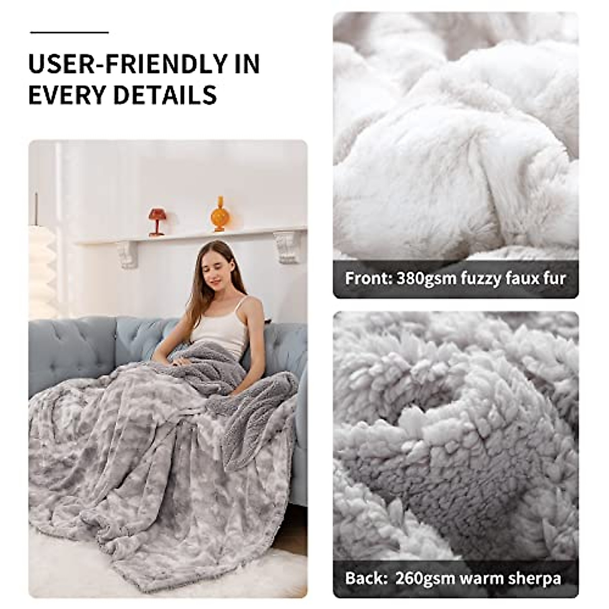 Aisbo Soft Faux Fur Blanket Throw Grey - Luxury Fuzzy Fluffy Warm Throw Blankets for Couch, Sofa, Thick Shaggy Small Blanket Tie Dye, 50x60 Inch
