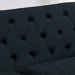 Goohome 77" Modern Chesterfield Sofa 3-Seater, Velvet Loveseat Sofá Couches for Living Room, Comforty Upholstered Tufted Backrests with Nailhead Arms and 2 Cushions, for Apartment Bedroom, B-Black A