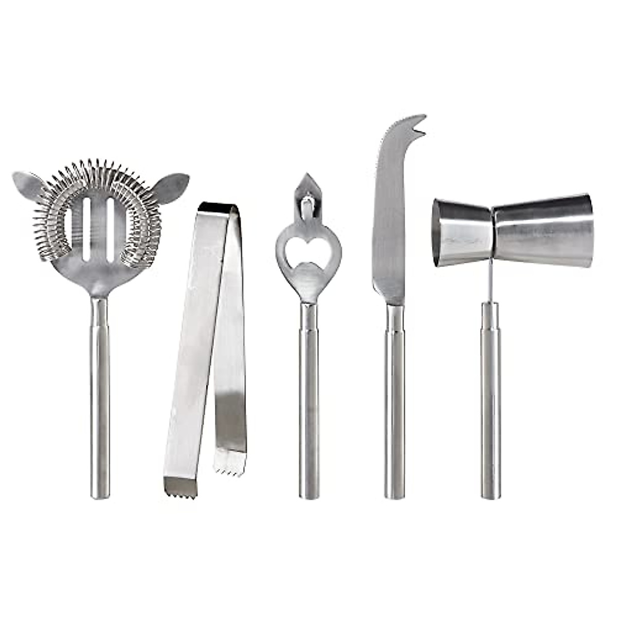 OGGI Modernist Stainless Steel Bar Tool Set w/Wood Accent- Ideal Bar Accessories, Cocktail Set, Bar Set, Bar Cart Décor; Includes Bar Knife, Ice Tongs, Drink Strainer, Double Jigger & Cap/Can Opener