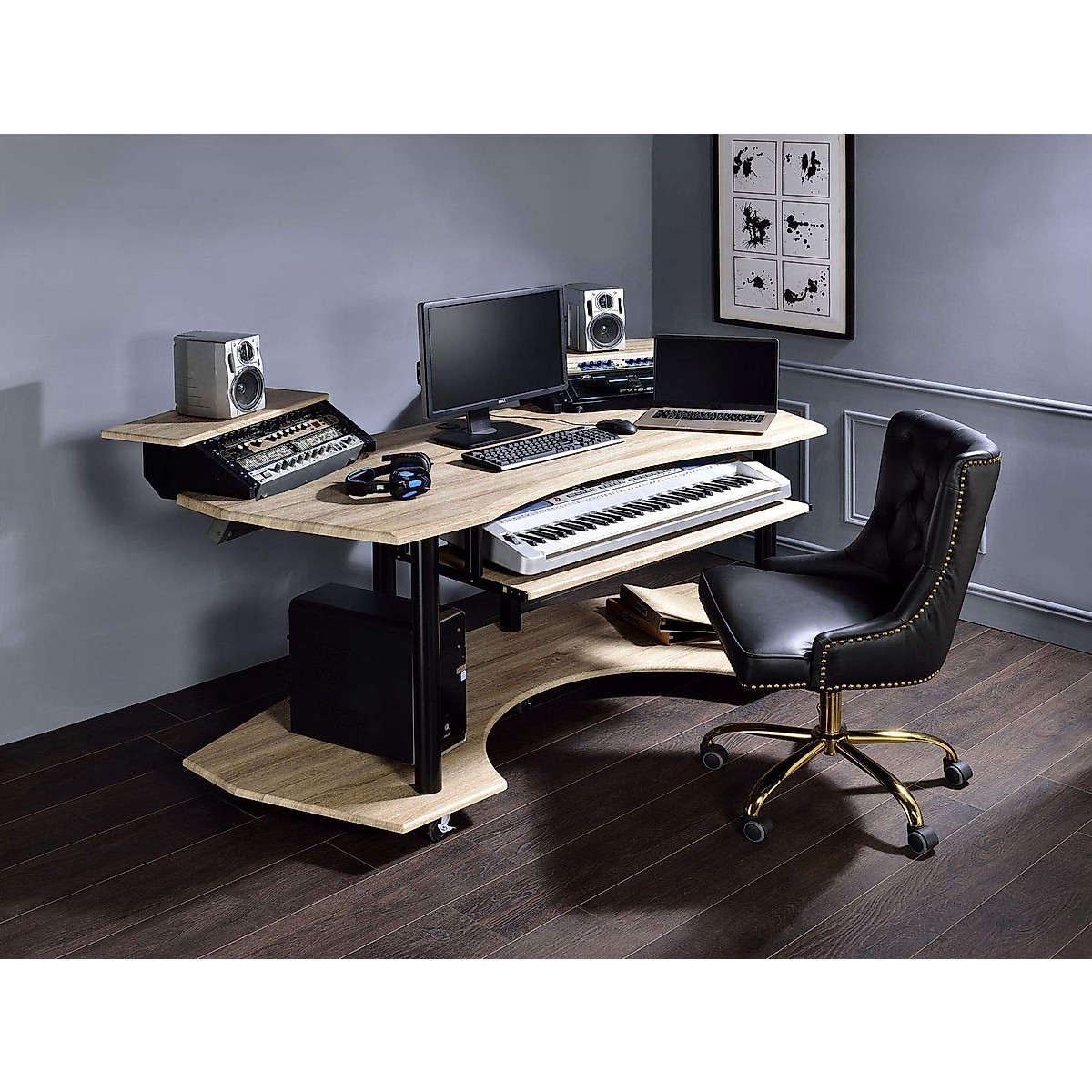 Wealthman Music Recording Studio Desk with Piano Keyboard Tray, Recording Studio Workstation Table with Stands, Bottom Shelf and Wheels, Wooden Home Office Computer Desks for Study Gaming Bedroom