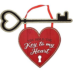 Happy Hearts Valentine's Day You Hold The Key to My Heart Key with Heart Hanging Wall Decoration Sign,15.7 x12.9 in. with Valentine's Day Door Hanger Bells