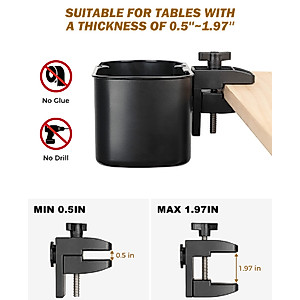 yamagahome Desk Cup Holder Clamp with Hanging Storage Bag, 2 in 1 Table Cup Holder Clip for Desk, Anti-Spill Tableside Cup Holder with Hanging Organizer for Home Office, College Dorm Rooms, RV