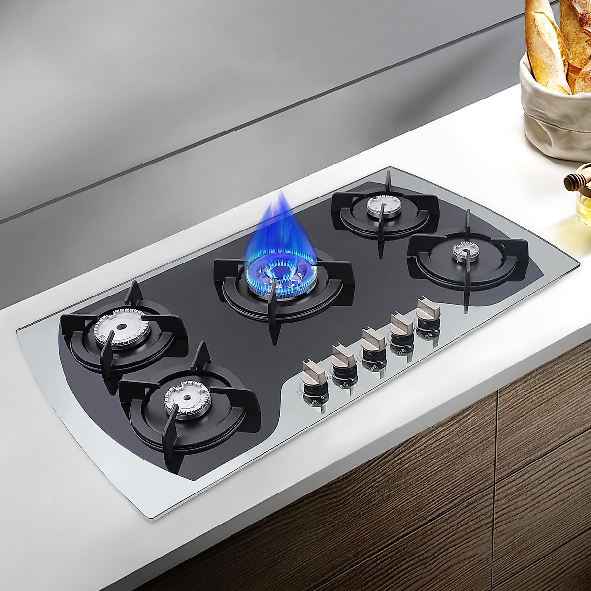 36" Gas Cooktop LPG/NG, 5 Burners Gas Stove Gas Hob Stovetop, Built-in Gas Stove Top, Thermocouple Protection, Stainless Steel Gas Hob with Power Boil, Simmer, Continuous Grates, 5 Burner Silver