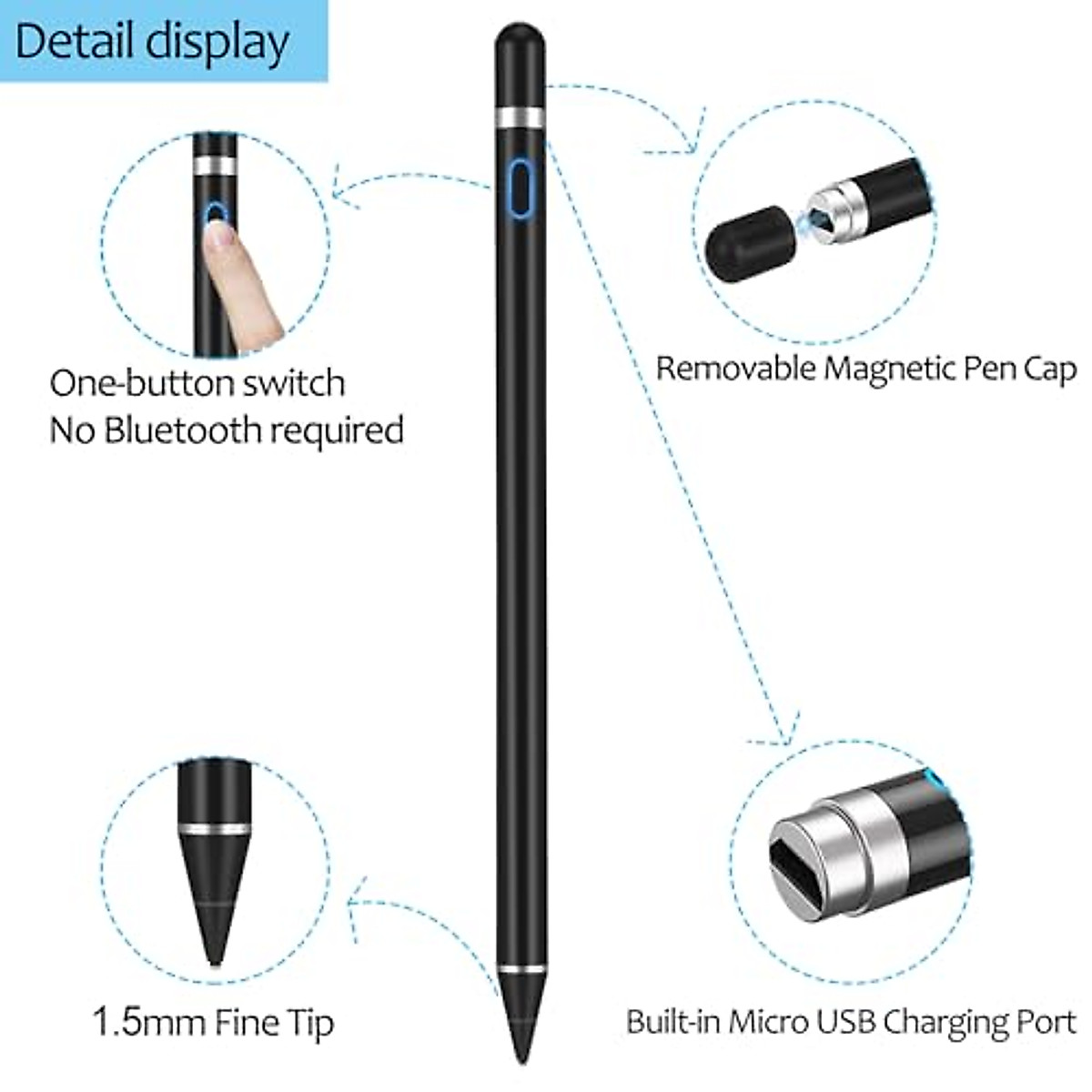 Active Stylus Pens for Touch Screens, DOGAIN Stylist Digital Pen, 1.5mm Fine Point Rechargeable iPad Pencil for Drawing/Writing/Playing, Compatible with iOS/Android and Other Tablets(Black)