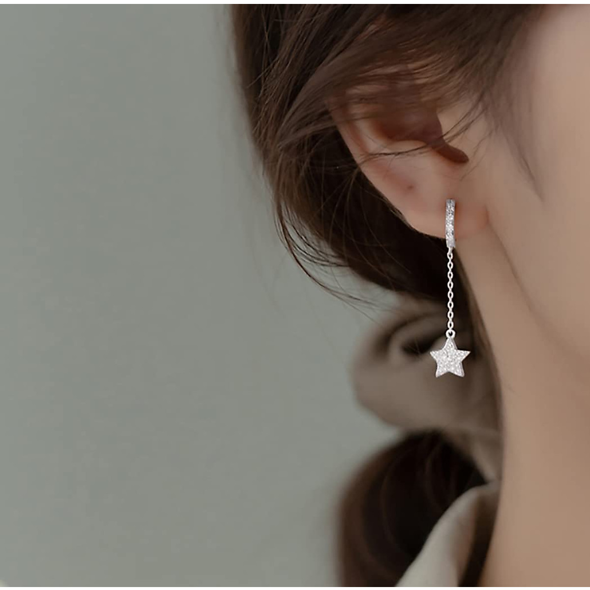 SLUYNZ 925 Sterling Silver CZ Star Dangle Hoop Earrings for Women Asymmetric Star Earrings Chain (A-Silver)