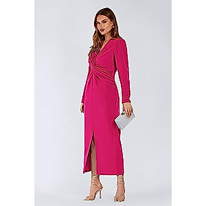 PRETTYGARDEN Women's Fall Fashion 2023 Long Puff Sleeve Maxi Dresses V Neck Twist Front Formal Dress with Slit (Rose Red,Medium)