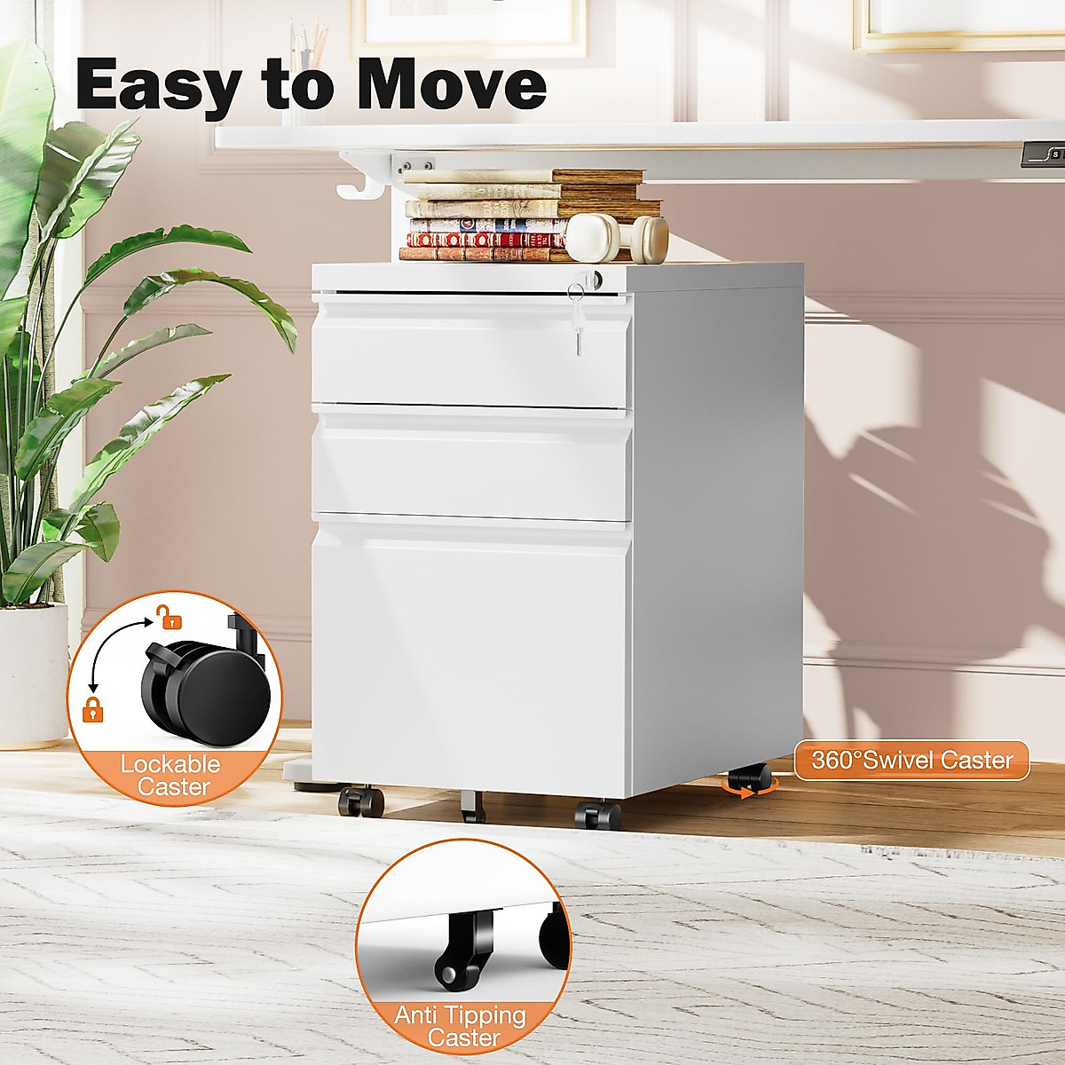 Sweetcrispy File Cabinet - 3 Drawer File Cabinet with Lock, Mobile Rolling File Cabinet, Under Desk File Cabinet with Pre-Assembled, Metal Small File Cabinet for Home Office