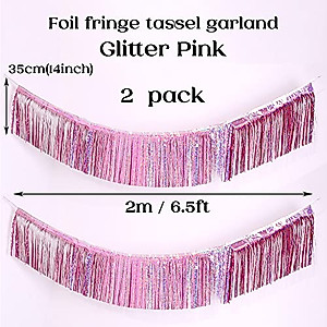 Premium Glitter Pink Fringe Tassel Garland for Party Decorations -4 Layers Thick, 2 Pack | LILF Foil Tinsel Garland Party Streamers for Wedding Birthday Party Christmas Decoration Home Hanging Decor