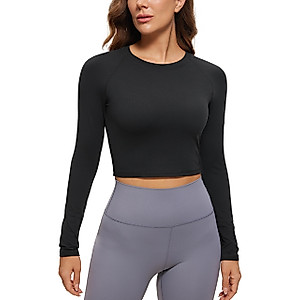 CRZ YOGA Womens Long Sleeve Crop Workout Tops Athletic Yoga Running Cropped Tops Slim Fit Gym Shirts Black Small