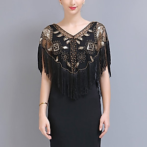 vimate 1920 Shawl Wraps for Evening Dresses, Flapper Retro Fringe Shawl for Women Gatsby （Style 1-Black & Gold