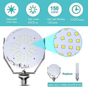 Hakkatronics 40W LED Retrofit Kit, 250W MH/HPS/HID Equivalent, 5000K Daylight White, E39 Mogul Base, for Parking Lots, Areas Shoebox and Canopy Light Fixtures