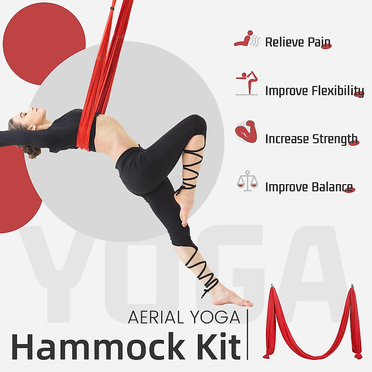 HECASA 6M Yoga Swing Silk Fabric Aerial Yoga Hammock Kit w/Daisy Chain O-Ring Red 6.56 Yards