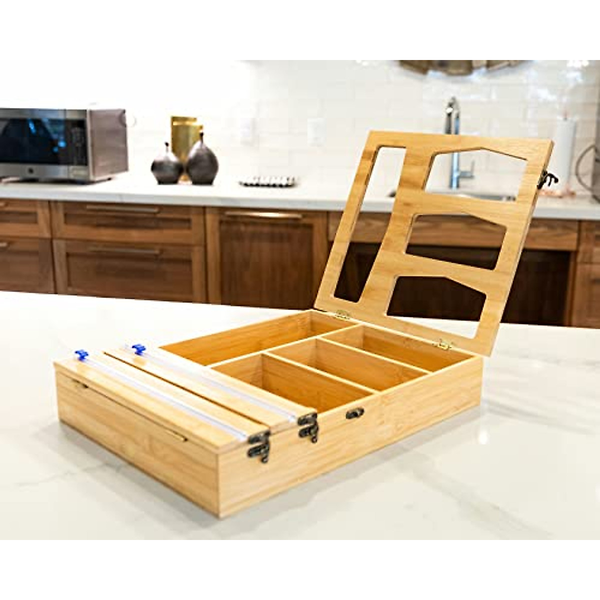 Bamboo Ziplock Bag Organizer, Kitchen Food Storage organizer, Baggie organizer for Kitchen Plastic Bag Storage, Foil, Plastic Wrap, Gallon, Quart, Sandwich, Snack