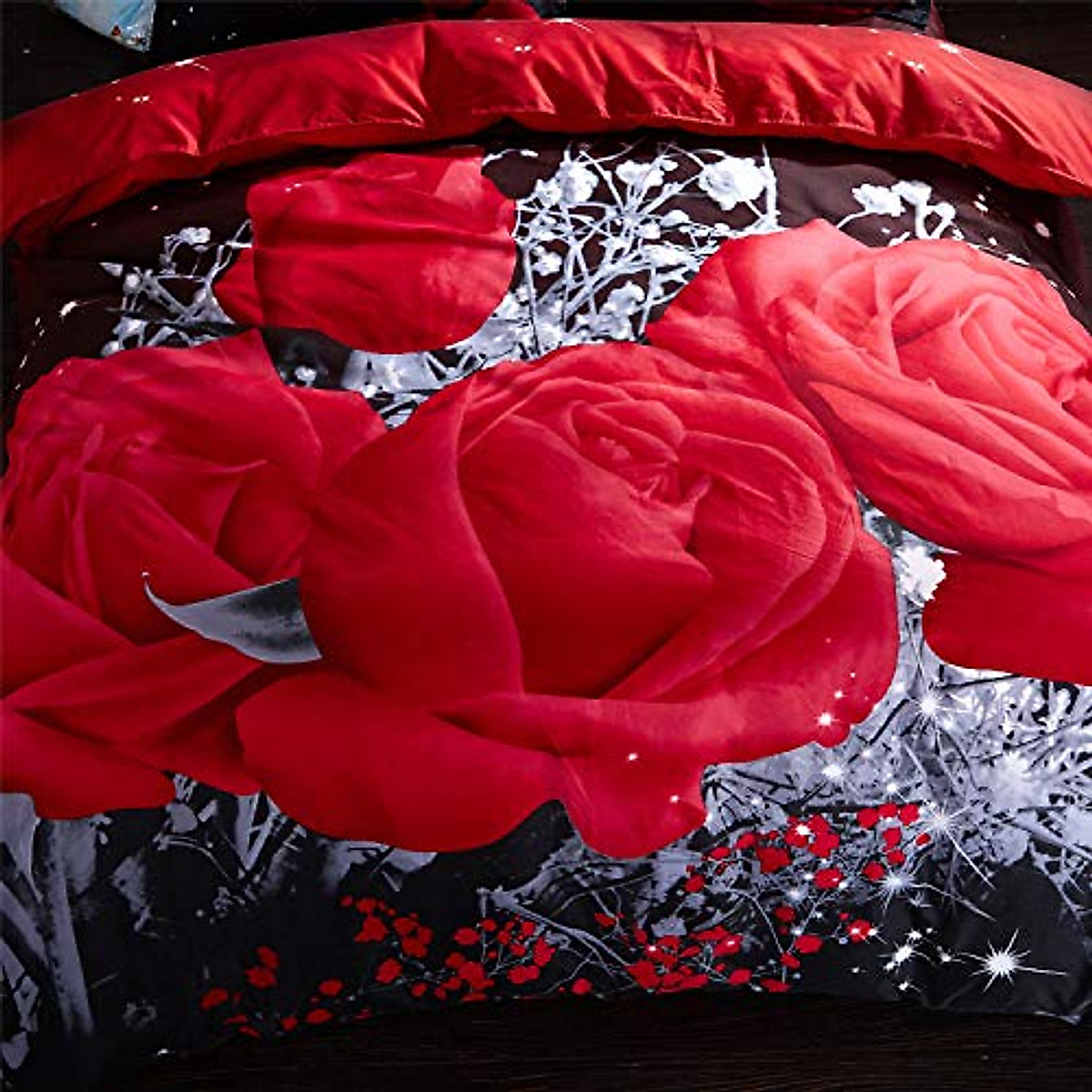 Labstandard Red Duvet Cover Set Queen, 3D Printed Rose Bedding Soft Comforter and Breathable Quilt Cover(1 Duvet Cover, 2 Pillowcases, Zipper Closure)