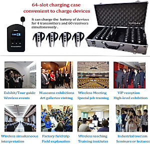EXMAX EXD-6824 2.4GHz Wireless Audio Tour Guide Headset Systems up to 1-150M Transmission Range for Conference Church Travel Training hajj - 4 Transmitters & 60 Receivers with 64-Slot Charging Case
