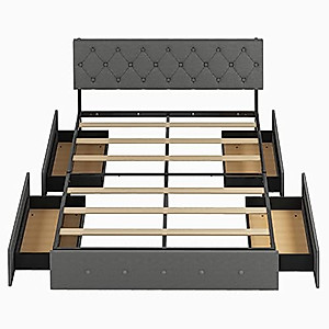 ZAFLY Platform Bed Frame Queen Size with 4 Storage Drawers,Queen Bed Frame with Headboard,Diamond Stitched Button Tufted Design,Wooden Slats Support,No Box Spring Needed,Easy Assembly,Dark Grey