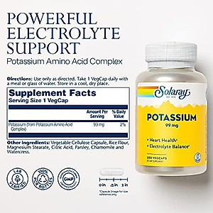 Solaray Potassium 99 mg, Fluid and Electrolyte Balance Formula, Potassium Supplement for Muscle, Nerve, Cellular and Heart Health Support, 60-Day Money Back Guarantee, 200 Servings, 200 VegCaps