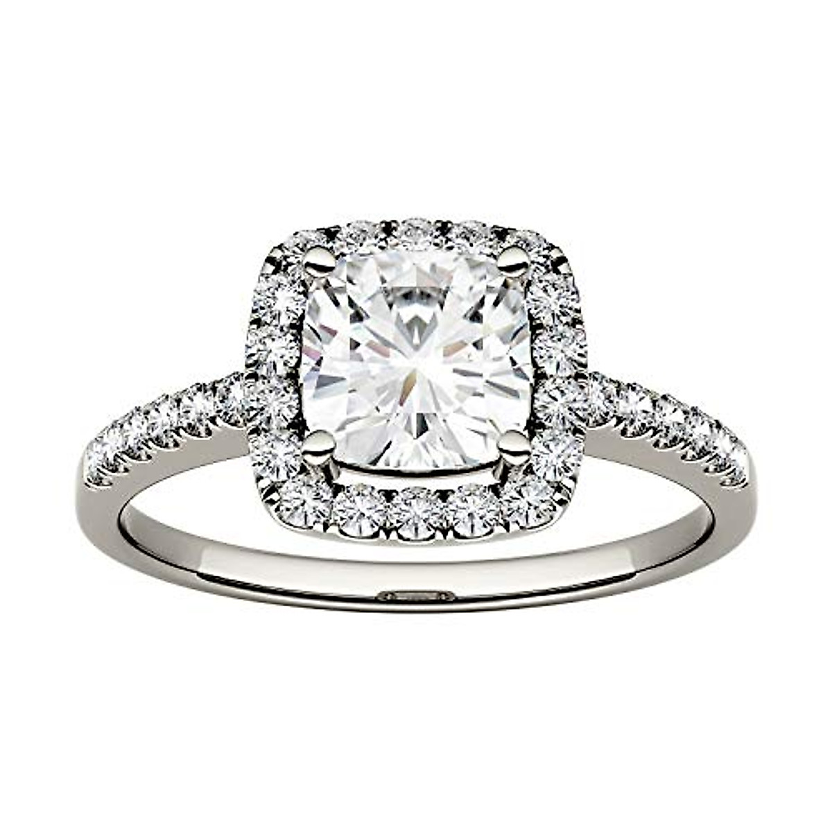 Charles & Colvard Created Moissanite 6mm Cushion Cut Engagement Ring for Women | 1.4 cttw DEW | Lab Grown | Solid 14K White Gold with Rhodium | Size 7
