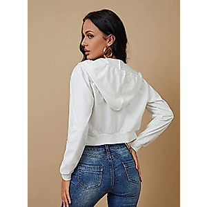 milanpavilion Women's Zip Up Hoodies Cropped Cardigan Jacket Drawstring Hooded Sweatshirts Casual Long Sleeve Top A-white