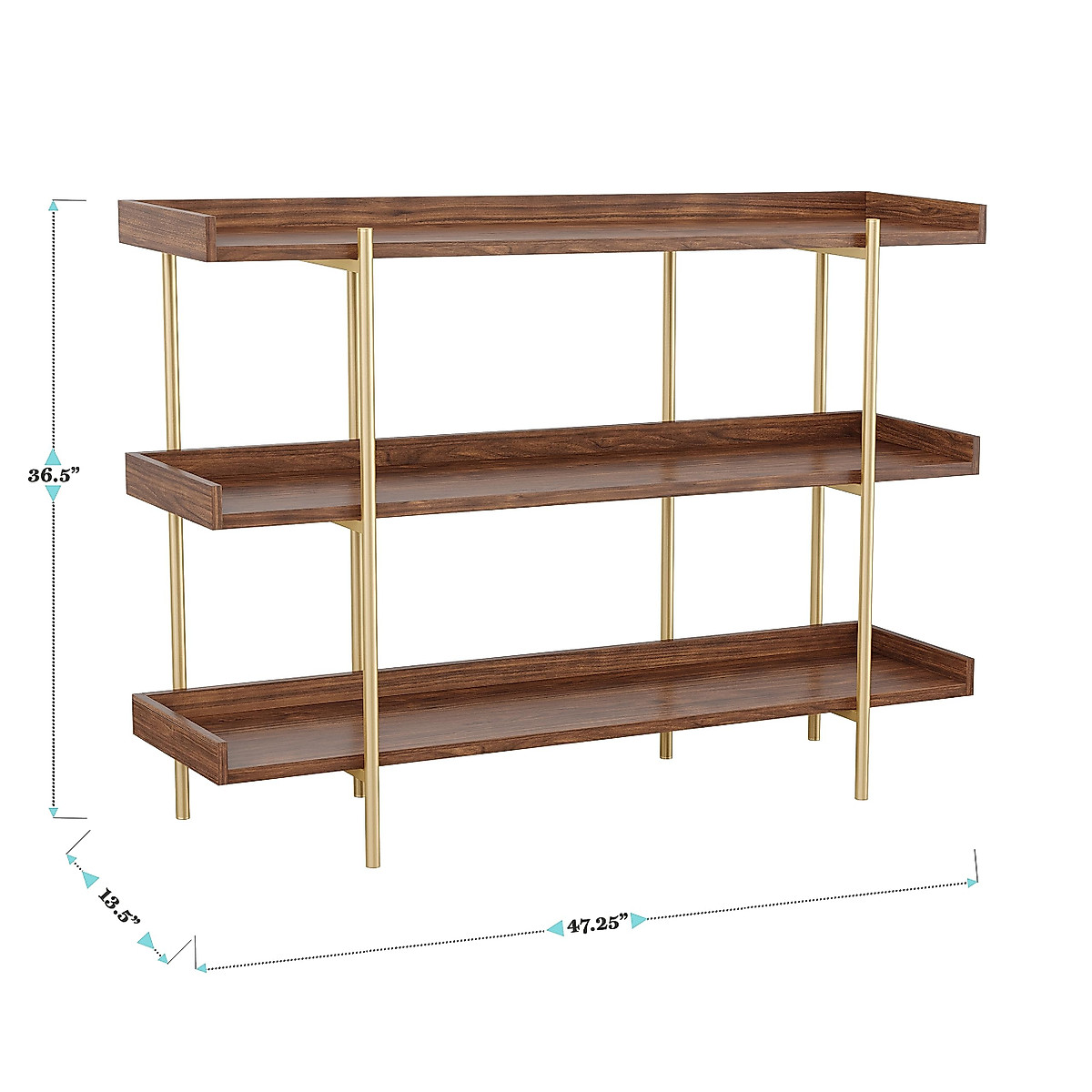 Martha Stewart Emmett 3 Shelf Storage Display Unit Bookcase with Metal, Set of 1, Walnut Wood Grain/Polished Brass Frame
