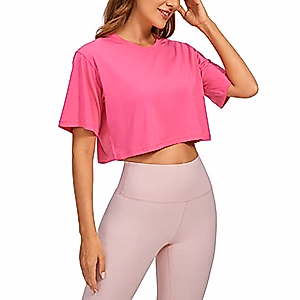 CRZ YOGA Women's Pima Cotton Workout Crop Tops Short Sleeve Yoga Shirts Casual Athletic Running T-Shirts Sonic Pink Medium