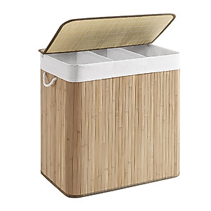 SONGMICS Laundry Hamper, 39.6 Gallons (150L), 3-Section Laundry Basket, Laundry Hamper with Lid, Bamboo, Foldable, Removable and Machine Washable Liner, for Laundry Room, Bedroom, Natural ULCB091N01
