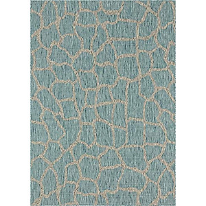 Unique Loom Outdoor Safari Collection Transitional Indoor & Outdoor Wildlife Inspired Animal Print with Giraffe Design Area Rug, 8 ft x 11 ft 4 in, Aqua Blue/Ivory