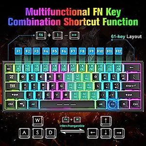 ZIYOU LANG T61 Wireless Gaming Keyboard and Mouse Combo with Ergonomic 61 Key Rainbow LED Backlight Anti-ghosting Mechanical Feel Rechargeable 4000mAh Battery Mouse Pad for PC MAC Gamer Typists(Black)