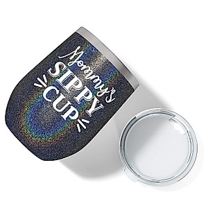 Mommy's Sippy Cup Wine Tumbler Black Glitter 12 oz Stainless Steel Stemless Glass with Lid for Mother's Day, Birthday, Christmas Gift for Mom
