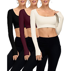 3 Pack Ribbed Seamless Long Sleeve Crop Tops Square Neck Cropped Top Set for Women Workout Gym Yoga (Black, Reddish Brown, Beige, Large)