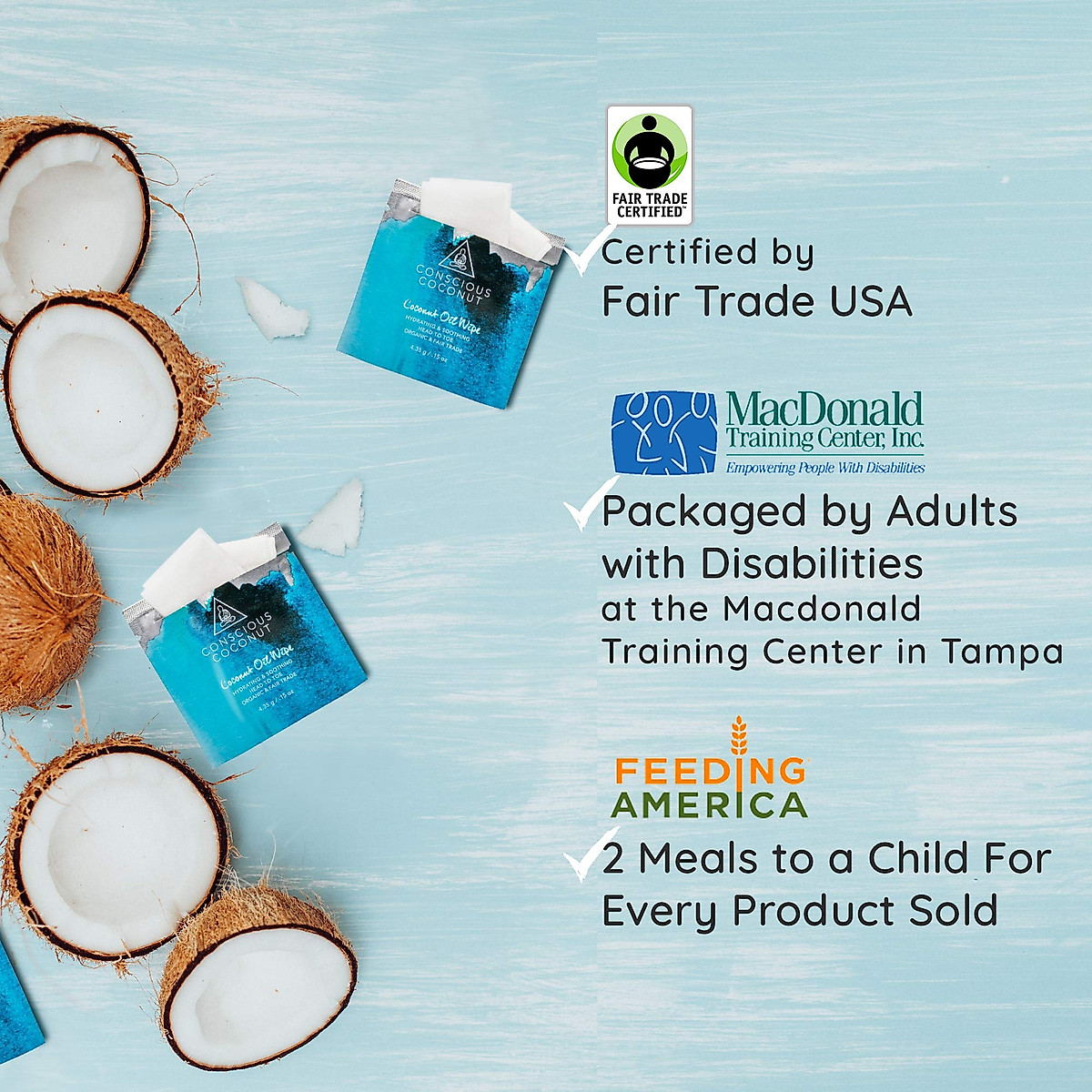 Conscious Coconut - Coconut Oil Facial Cleansing Wipes, On-the-go Makeup Remover from Virgin Coconut Oil, Individually Packed Organic Coconut Oil Wipes - For Face and Body (25 Count)