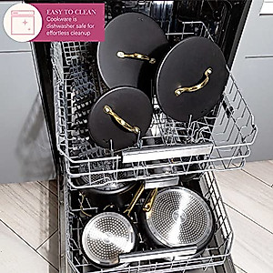 Paris Hilton Iconic Nonstick Pots and Pans Set, Multi-layer Nonstick Coating, Matching Lids With Gold Handles, Made without PFOA, Dishwasher Safe Cookware Set, 10-Piece, Black